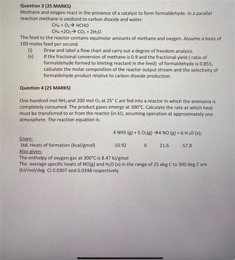 solved question 3 25 marks methane and oxygen react in the