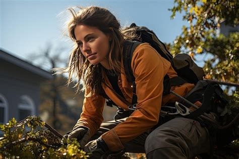 Premium Photo Graceful Arborist Skillfully Ascending A Rope To Prune And Cut For Big Trees In