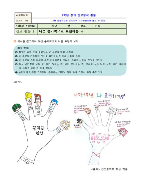 1학년 진로와직업 가정학습1 1 3다섯손가락으로표현하는나 Pdf