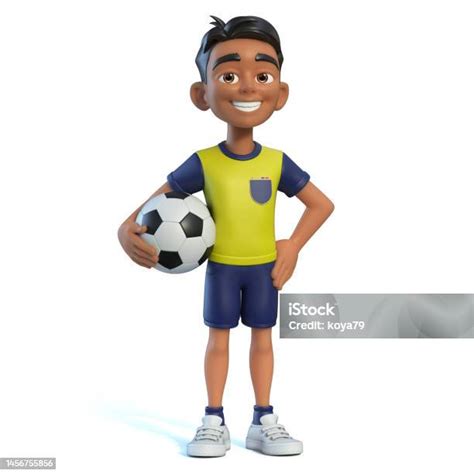 어린 소년 축구 선수는 에콰도르 국가 대표팀 키트 셔츠 및 반바지를 입고 있습니다 에콰도르 축구 팀 마스코트 3d 렌더링으로 만화 캐릭터 2022년에 대한 스톡 사진 및
