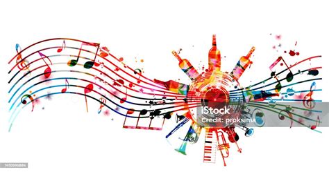 악기 메모 및 병이 격리 된 벡터 일러스트레이션이있는 음악 홍보 포스터 콘서트 이벤트 음악 축제 및 쇼 파티 전단지를위한 비닐 디스크가있는 다채로운 디자인 다중 색상에 대한