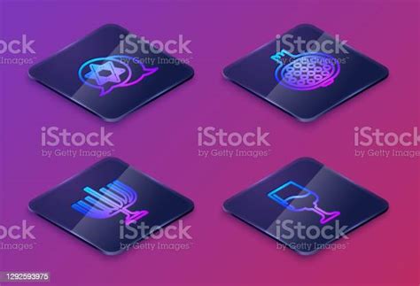 데이비드 하누카 메노라 석류 유대인 잔의 이소메트릭 라인 스타를 설정합니다 파란색 정사각형 버튼 벡터 0명에 대한 스톡 벡터 아트 및 기타 이미지 Istock