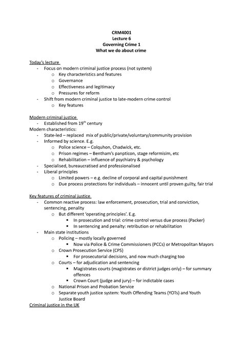 Crm4001 Lecture 6 Notes Crm Lecture 6 Governing Crime 1 What We Do About Crime Todays Lecture