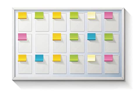 White Scrum Board Filled With Sticky Notes Displaying Tasks And Project