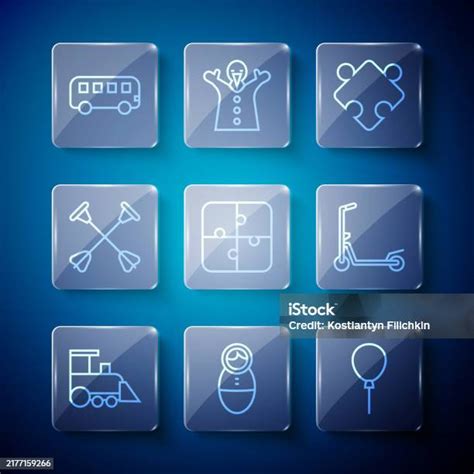 세트 라인 장난감 기차 텀블러 인형 장난감 리본이 달린 풍선 퍼즐 조각 화살 빨판 팁 버스 및 스쿠터 아이콘 벡터 0명에 대한 스톡 벡터 아트 및 기타 이미지 Istock