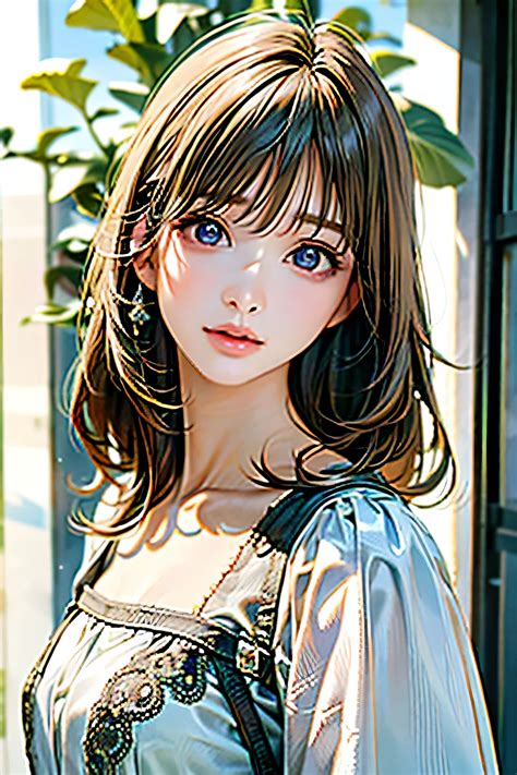 파란 눈과 드레스를 입은 긴 머리를 가진 애니메이션 소녀 Seaart Ai