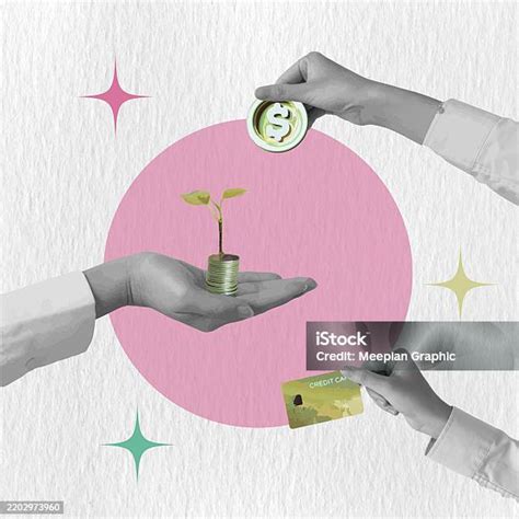 창조적 인 손 양식화 된 콜라주 벡터 일러스트 레이 션에서 동전과 신용 카드를 사용하여 재정적 성장을 육성 개념에 대한 스톡 사진 및 기타 이미지 Istock