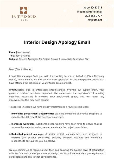 Free Interior Design Apology Email Template To Edit Online
