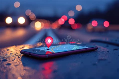 Smartphone Map App Displaying Location Pin On Deserted Highway With Flashing Red Lights For