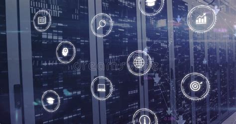 Image Of Interface With Multiple Digital Icons And Mosaic Squares Against Computer Server Room