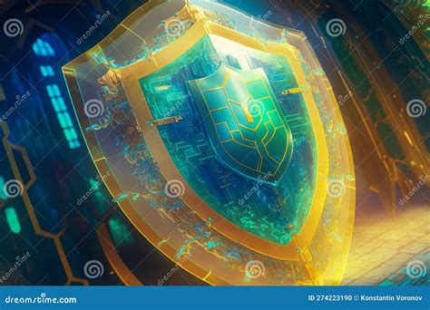 Cybersecurity Shield In Futuristic Digital Space With Neon Hues Intricate Circuitry Patterns