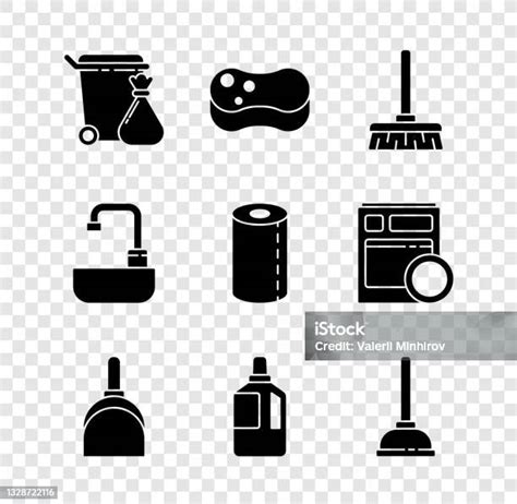 세트 휴지통 및 쓰레기 봉투 스폰지 손잡이 빗자루 더스트 팬 직물 연화제 고무 플런저 물 수돗물과 종이 타월 롤 아이콘 세면대 벡터 가사 집안일에 대한 스톡 벡터 아트 및