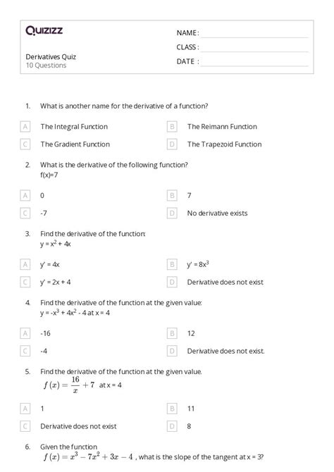 50 Derivatives Worksheets For 12th Year On Quizizz Free And Printable
