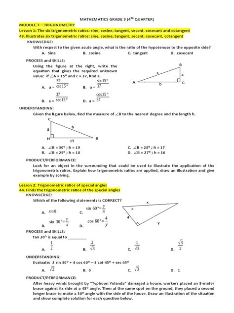 4th Quarter Grade 9 Pdf Trigonometric Functions Trigonometry