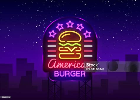 햄버거 로고 벡터입니다 미국 햄버거 디자인 서식 파일 빛 엠 블 렘 햄버거 거리 음식 네온 사인 라이트 배너 네온 밤 패스트