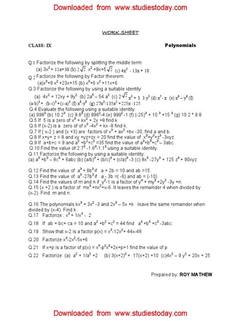 Cbse Class 9 Mathematics Worksheet Polynomials 1 Pdf