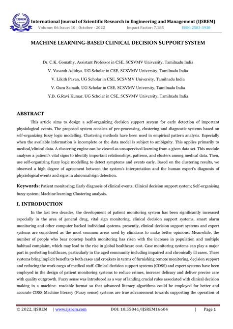 pdf machine learning based clinical decision support system