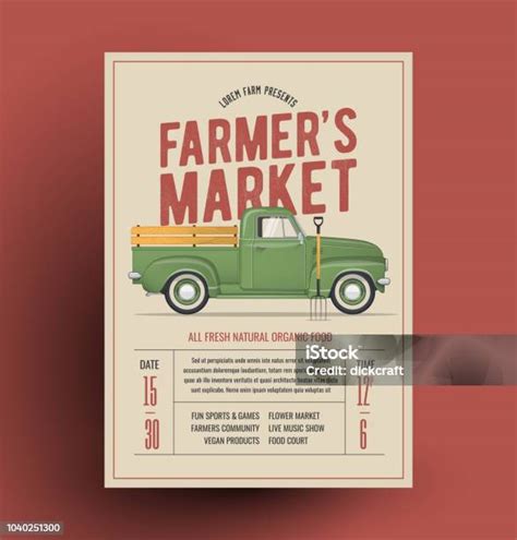 농민 농민 이벤트에 대 한 농부의 빈티지 픽업 트럭 시장 전단지 포스터 템플릿 벡터 일러스트입니다 농산물 직판장에 대한 스톡 벡터 아트 및 기타 이미지 Istock