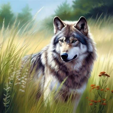 Premium Ai Image A Wolf In A Field Of Grass
