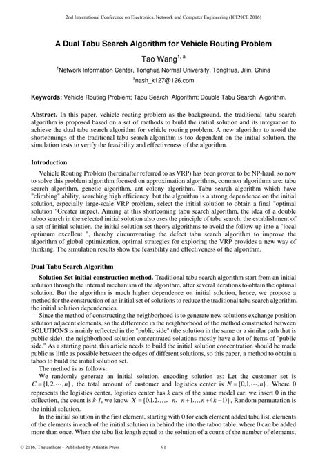 Pdf A Dual Tabu Search Algorithm For Vehicle Routing Problem