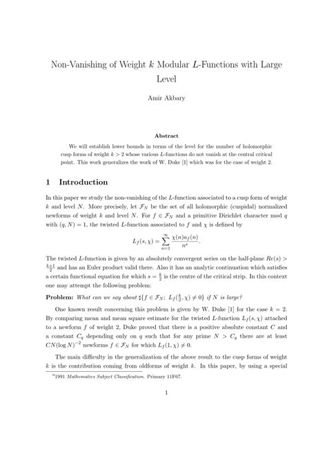 Pdf Non Vanishing Of Weight K Modular L Functions With Large Level