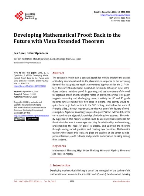 Pdf Developing Mathematical Proof Back To The Future With Vieta