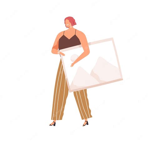 Premium Vector Tiny Person Holding Big Framed Photo In Hands Artist Carrying Picture Of