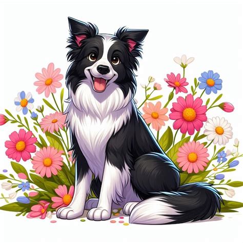 귀여운 보더 콜리 개와 꽃 터 만화 일러스트레이션 프리미엄 벡터