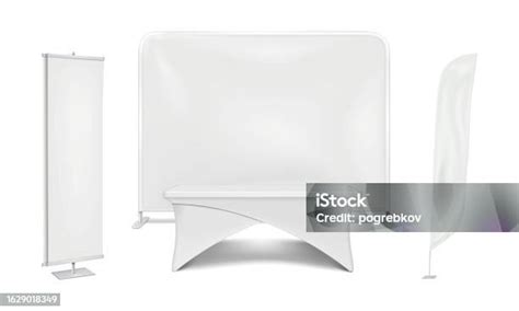 전시 세트 템플릿입니다 빈 흰색 판촉 테이블 깃털 깃발 양면 비닐 배너 스탠드 및 배경 배너 디스플레이 벡터 모형 비즈니스 무역 박람회 모형 키트 박람회에 대한 스톡 벡터
