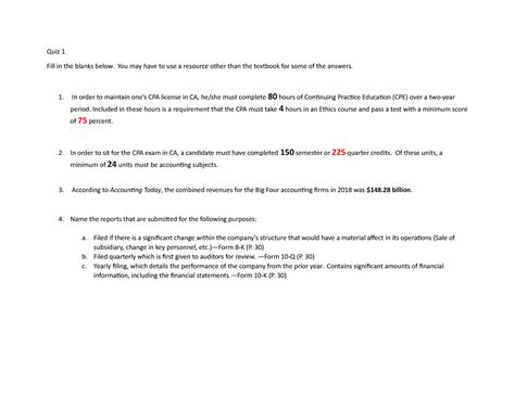 Quiz 1 Done Auditing Class Quiz Quiz 1 Fill In The Blanks Below You May Have To Use A
