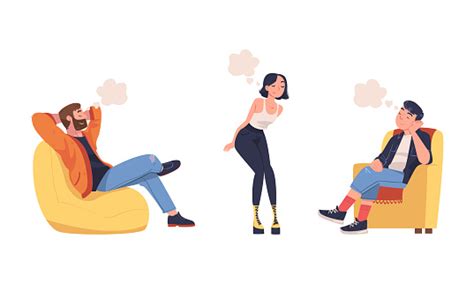 남자와 여자 캐릭터는 거품 벡터 세트에서 자발적인 생각을 가지고 상상하고 환상을 꿈꾸고 있다 공유 개념에 대한 스톡 벡터 아트