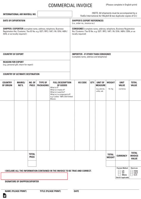 Free Fedex Commercial Invoice Template Pdf Eforms