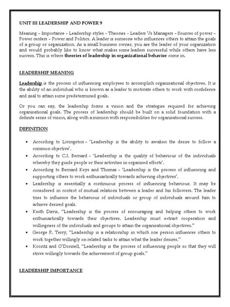 Ob Unit 3 Notes Final Pdf Leadership Power Social And Political