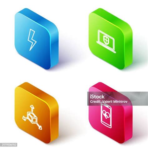 아이소메트릭 라인 라이트닝 볼트 쉴드가 있는 노트북 아이소메트릭 큐브 및 스마트폰 심박수 아이콘을 설정합니다 벡터 3차원 형태에 대한 스톡 벡터 아트 및 기타 이미지