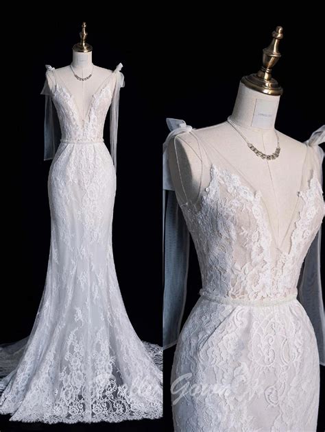 V Neck Mermaid Lace Sheer Illusion Wedding Dress