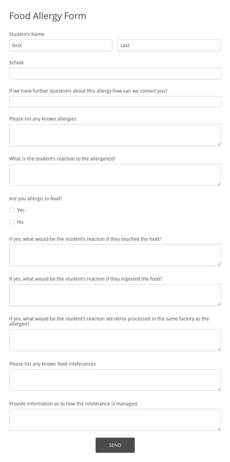 Printable Food Allergy Form Template