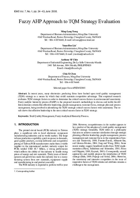 Pdf Fuzzy Ahp Approach To Tqm Strategy Evaluation