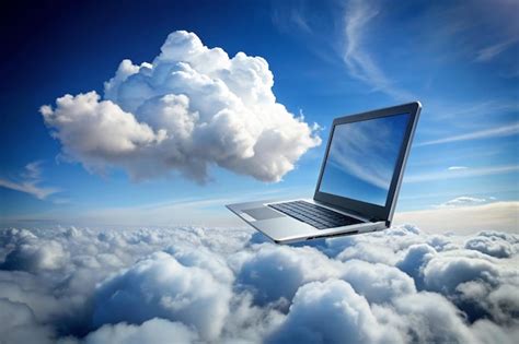 Cloud Computing Concept Laptop Floating With Cloud On Blue Sky