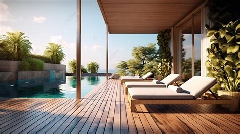 수영장과 라운지 의자를 갖춘 세련된 거실 테라스의 3d 렌더링 정원 벽 테라스 수영장 배경 배경 일러스트 및 사진 무료 다운로드 Pngtree