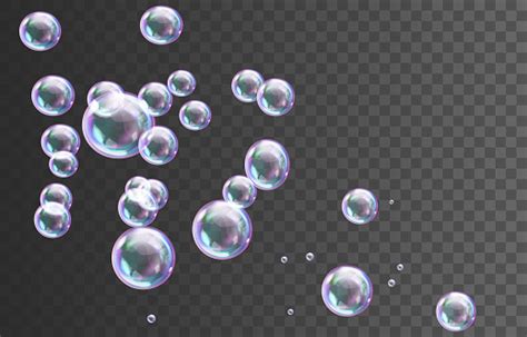 무지개 반사가있는 현실적인 비누 거품 화려한 떨어지는 비누 거품 눈부심이있는 현실적인 비누 거품 투명한 배경에 거품 거품 반사와 축제 무지개 빛 거품 거품 거품 목욕에 대한