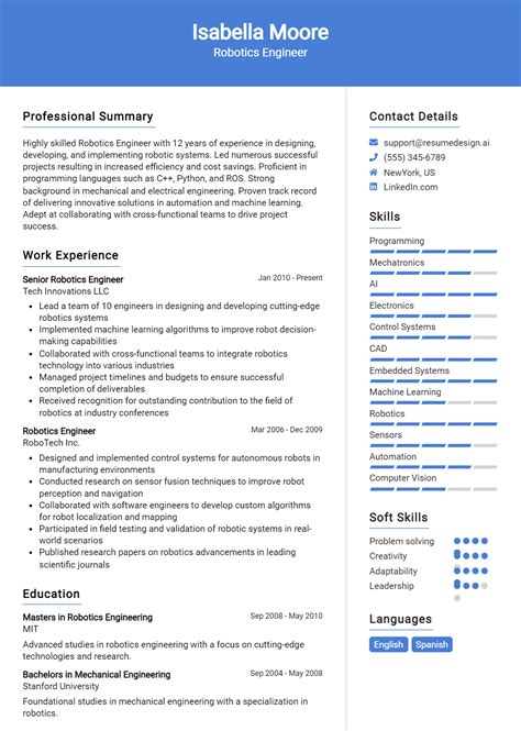 20 Robotics Engineer Resume Examples And Templates For 2025 ResumeDesign Ai