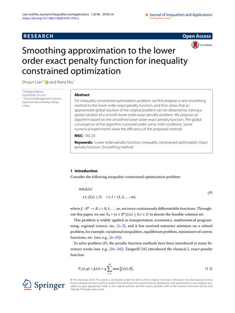 Pdf Smoothing Approximation To The Lower Order Exact Penalty Function For Inequality