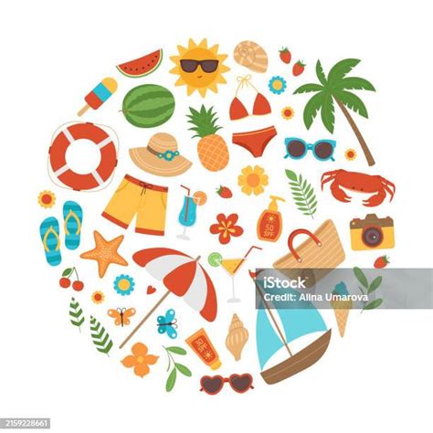 원 모양의 화려한 여름 요소 수영복 모자 선글라스 야자수 칵테일 과일 아이스크림 및 기타 스티커가 있는 해변 컬렉션 둥근 구성과 벡터 그림 여름에 대한 스톡 벡터 아트 및