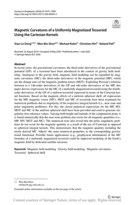 Magnetic Curvatures Of A Uniformly Magnetized Tesseroid Using The Cartesian Kernels Request Pdf