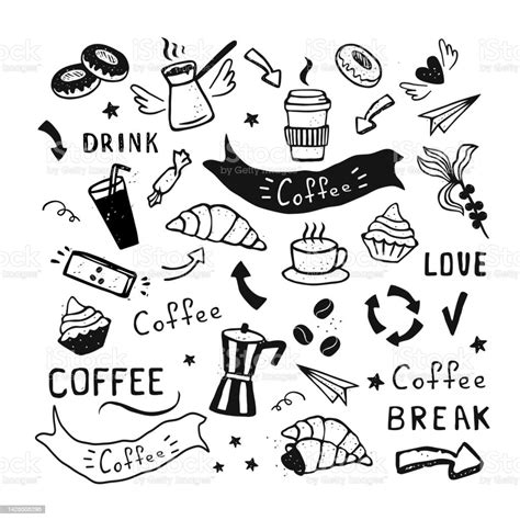 음식과 음료 커피 과자 및 크로와상이 흰색 배경에 고립 된 손으로 그린 선으로 매끄러운 패턴 인쇄를 위한 벡터 일러스트 레이 션