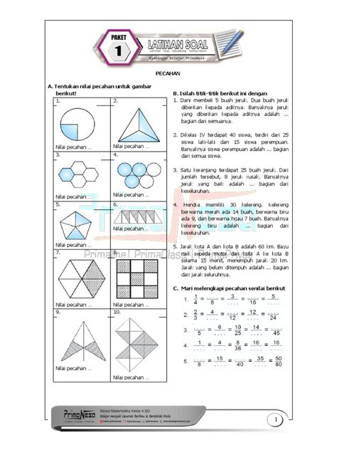 1 Mat Lathan Soal 1 Pecahan 4 Sd Pdf