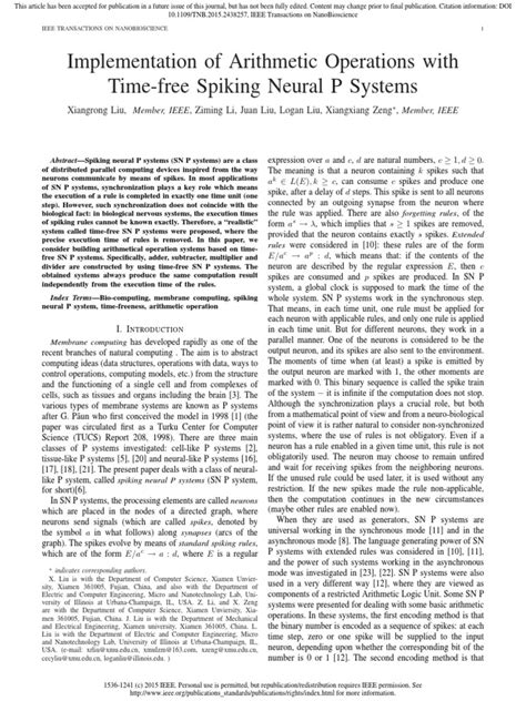 Implementation Of Arithmetic Operations With Time Free Spiking Neural P Systems Pdf Action