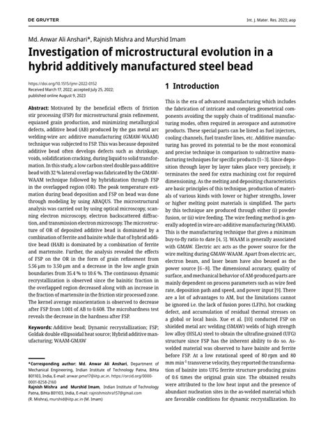 Pdf Investigation Of Microstructural Evolution In A Hybrid Additively Manufactured Steel Bead
