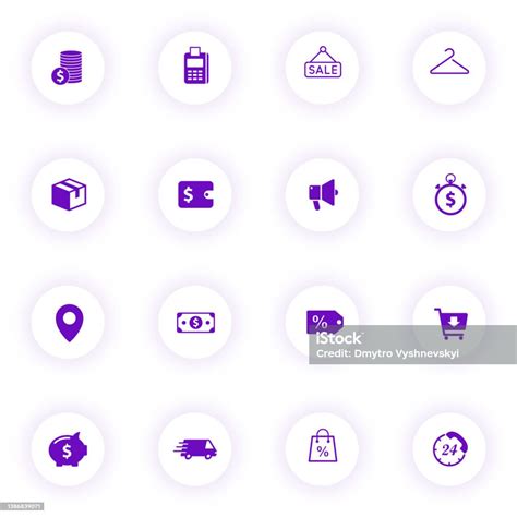 보라색 그림자가있는 밝은 둥근 버튼에 보라색 색상 벡터 아이콘을 쇼핑합니다 웹 모바일 앱 Ui 디자인 및 인쇄를 위한 쇼핑 아이콘 세트 보라색에 대한 스톡 벡터 아트 및