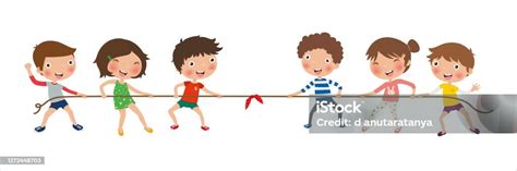줄다리기를 연주하는 아이들 아이들은 밧줄 벡터 일러스트레이션 흰색 배경에 고립 되어 있습니다 줄다리기에 대한 스톡 벡터 아트 및